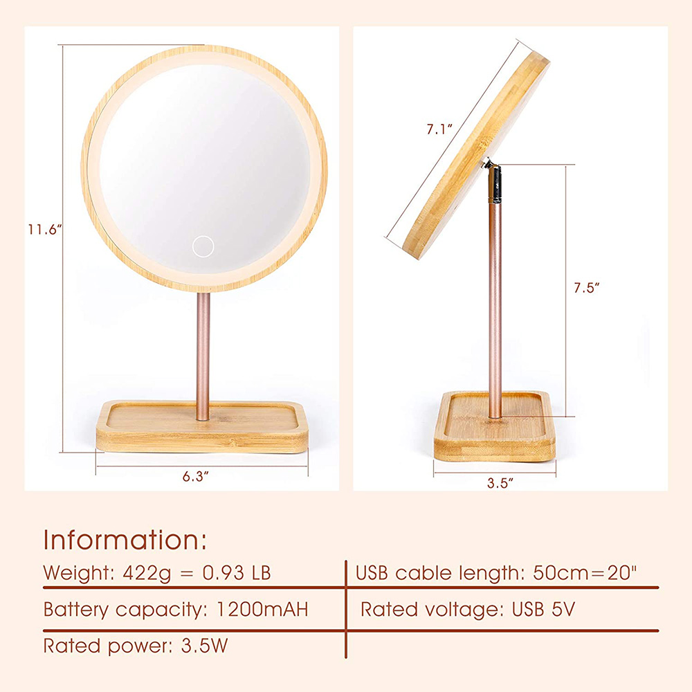 Led Bamboo Makeup Mirror Desktop Cosmetic Mirrors with 3 Lighting Modes ...