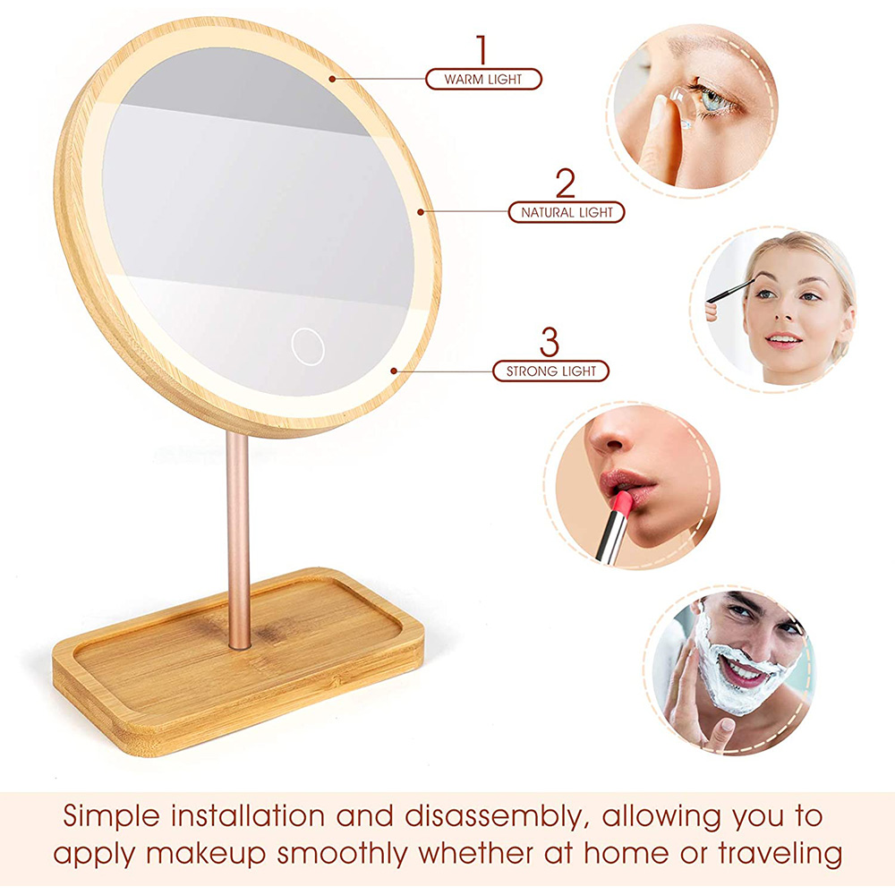 Led Bamboo Makeup Mirror Desktop Cosmetic Mirrors with 3 Lighting Modes ...