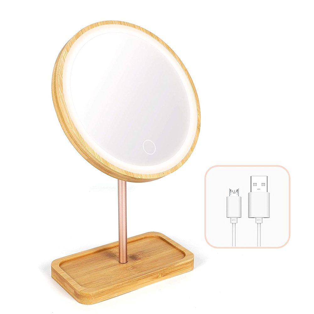 Led Bamboo Makeup Mirror Desktop Cosmetic Mirrors with 3 Lighting Modes ...